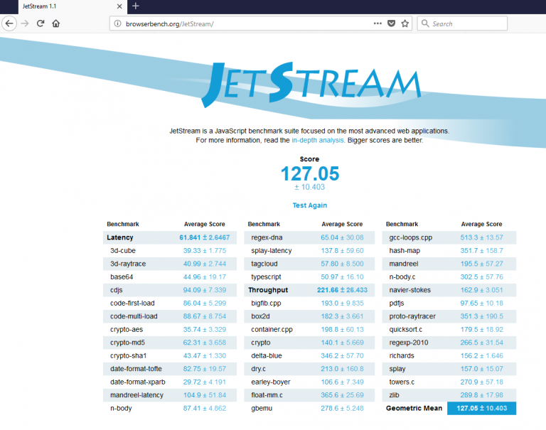 FireFox 57 Jetstream BrowserBench Benchmarks